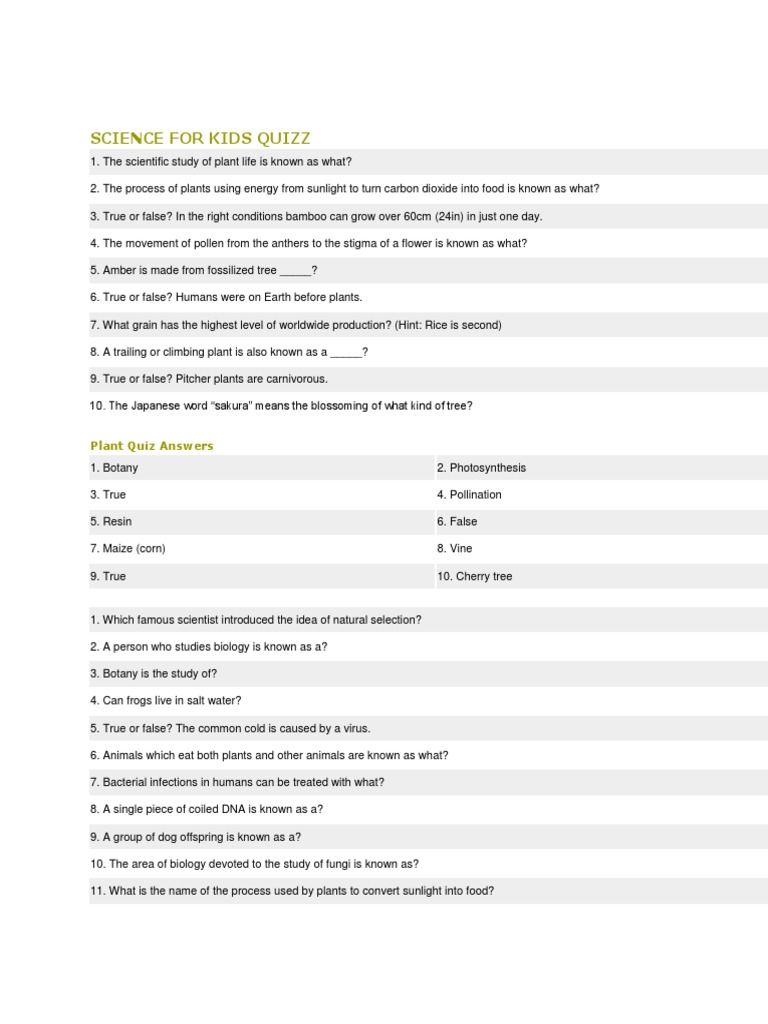 Science For Kids Quizz: Plant Quiz Answers | PDF | Atoms | Atomic Nucleus