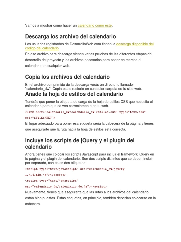 Calendario en PHP | Descargar gratis PDF | J Query | Script Java