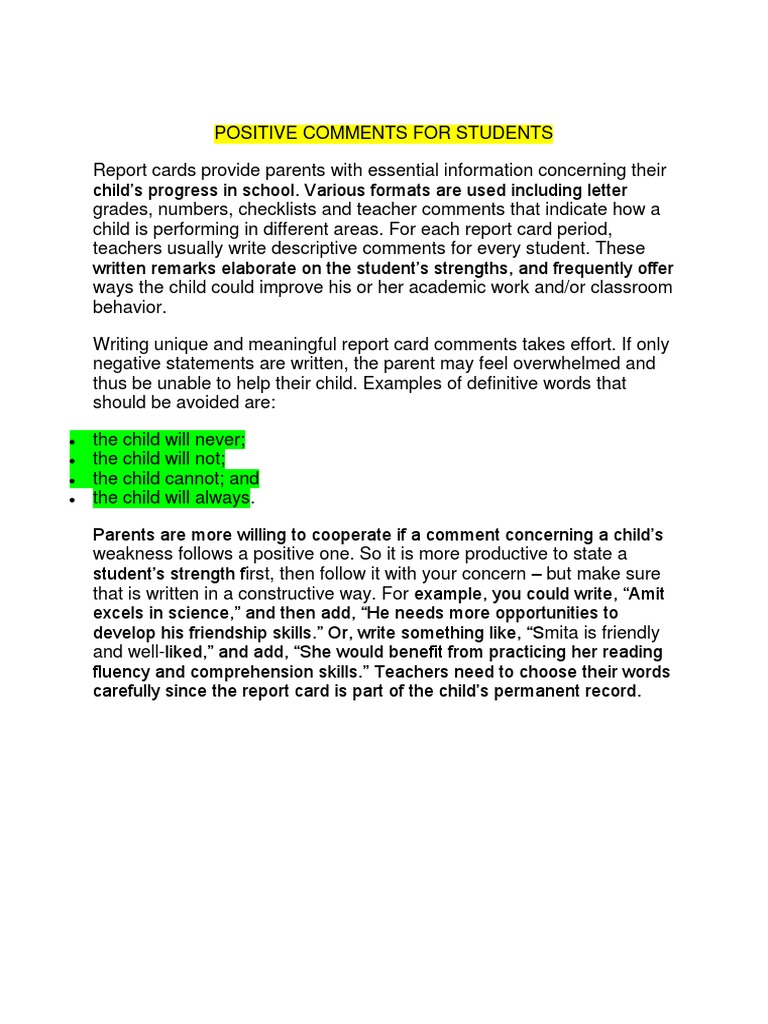 Positive Comments | PDF | Homework | Psychology