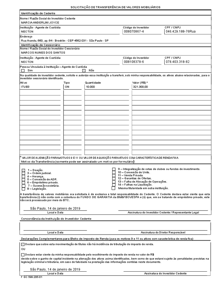 Stvm Modelo Da Bolsa - Ordem de Transferência | Investimentos | Impostos