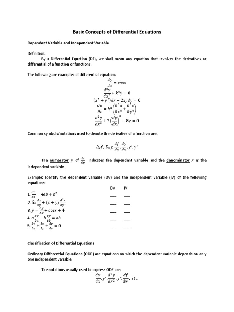 Basic Concepts of Differential Equations | PDF | Ordinary Differential ...