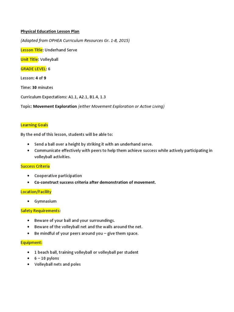 Lesson Plan Gym Volleyball | PDF | Volleyball | Curriculum