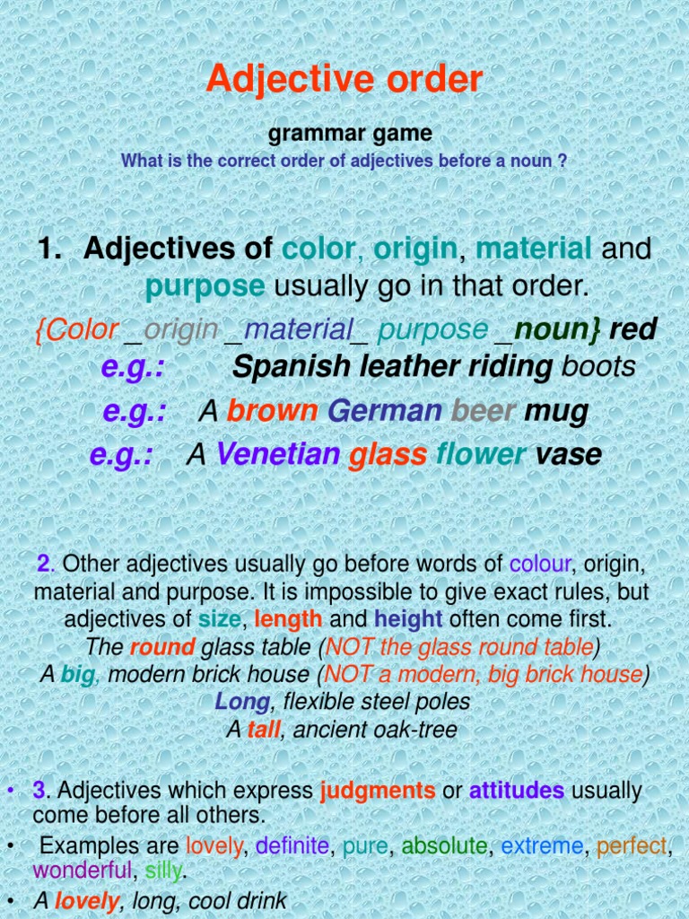 Adjective Order Rules and Examples | PDF | Adjective | Noun