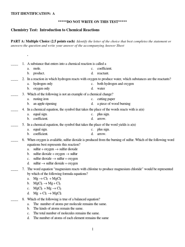 Chemistry Test: Introduction To Chemical Reactions | PDF | Chemical ...