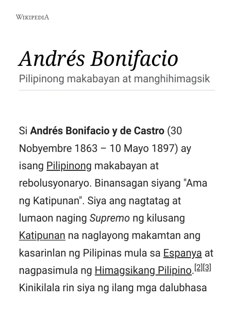 Andrés Bonifacio - Wikipedia, Ang Malayang Ensiklopedya | PDF