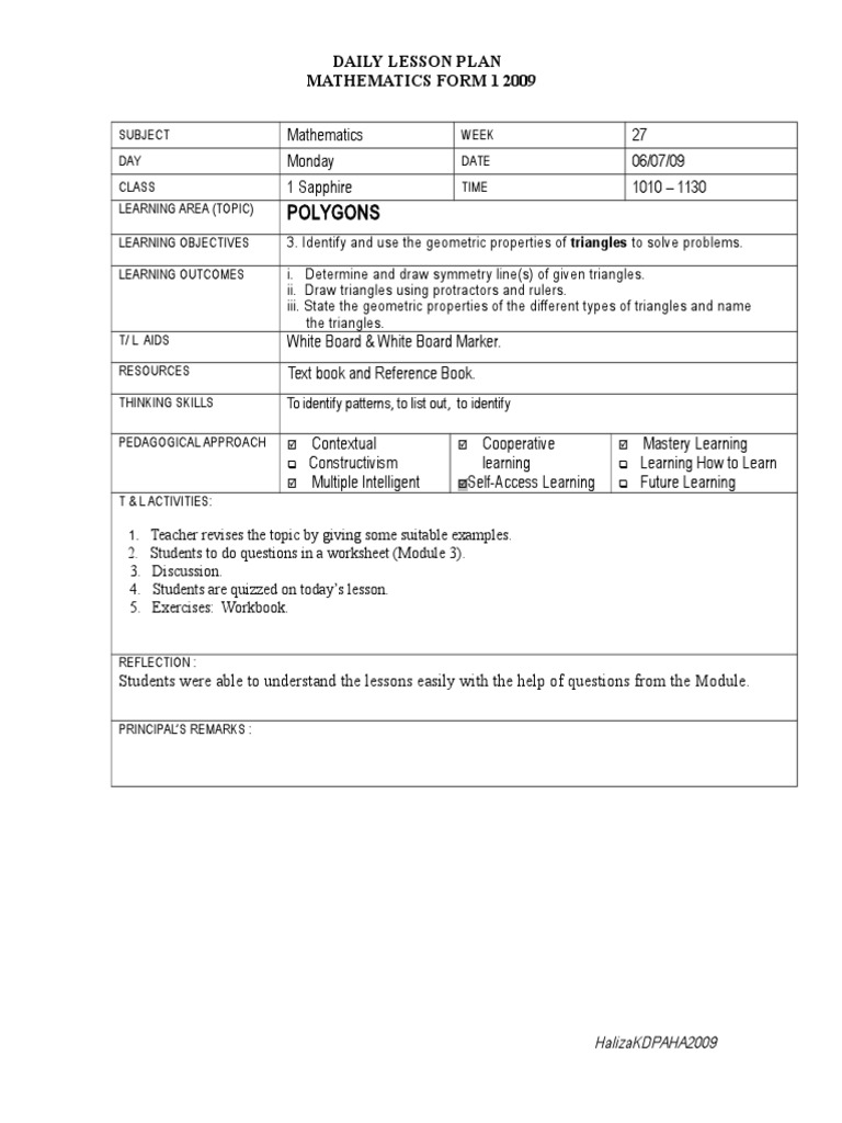 Polygons: Daily Lesson Plan Mathematics Form 1 2009 | PDF ...