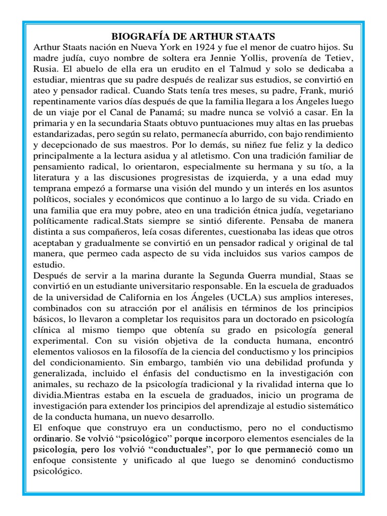 Arthur Staats: Pionero del Conductismo | PDF | Sicología | Las emociones