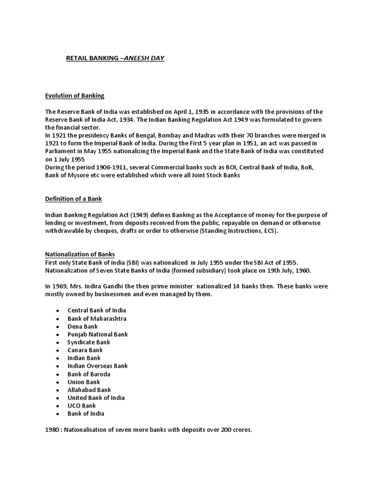 Retail Banking Notes | Download Free PDF | Reserve Bank Of India | Banks