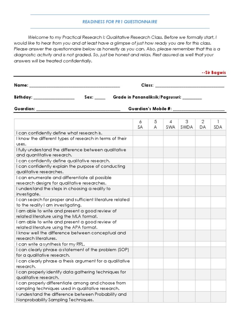 Readiness For Pr1 Questionnaire | PDF | Qualitative Research | Methodology