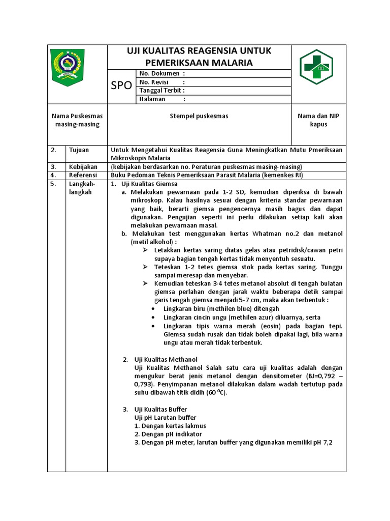 SPO Uji Kualitas Reagensia Pem - Malaria | PDF