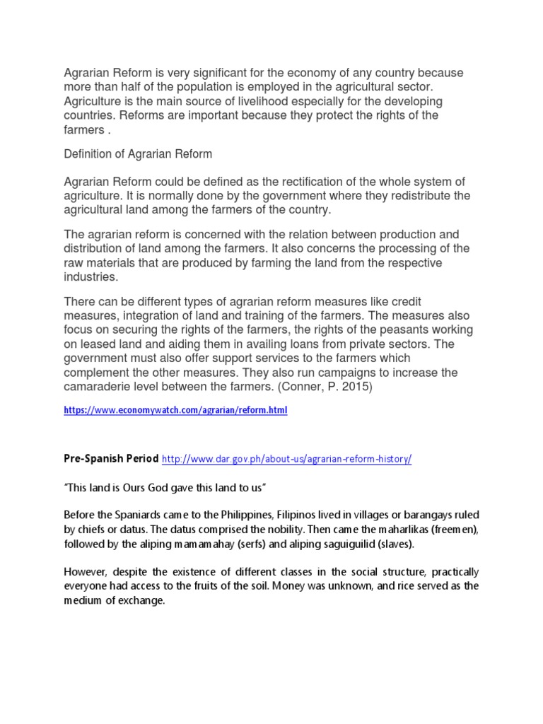 Definition of Agrarian Reform: Pre-Spanish Period | PDF | Leasehold ...