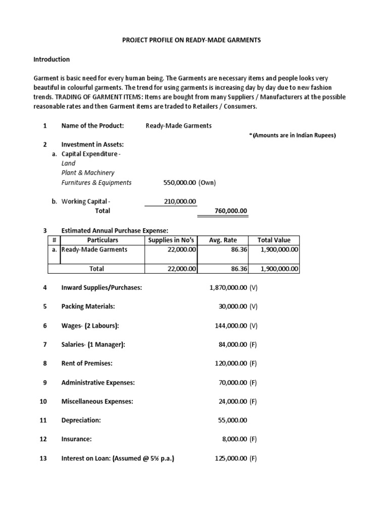 Project Profile: Ready-Made Garments | PDF | Expense | Working Capital