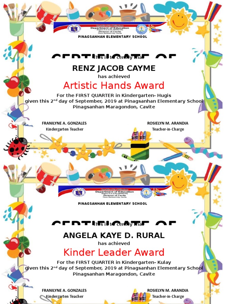 Certificate Of: Artistic Hands Award | PDF | Educational Stages ...
