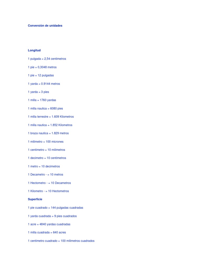 Conversión de Unidades | Descargar gratis PDF | Pie (unidad) | Pulgada