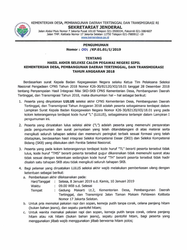 Pengumuman Hasil Akhir Seleksi CPNS KDPDTT Tahun Anggaran 2018 PDF | PDF