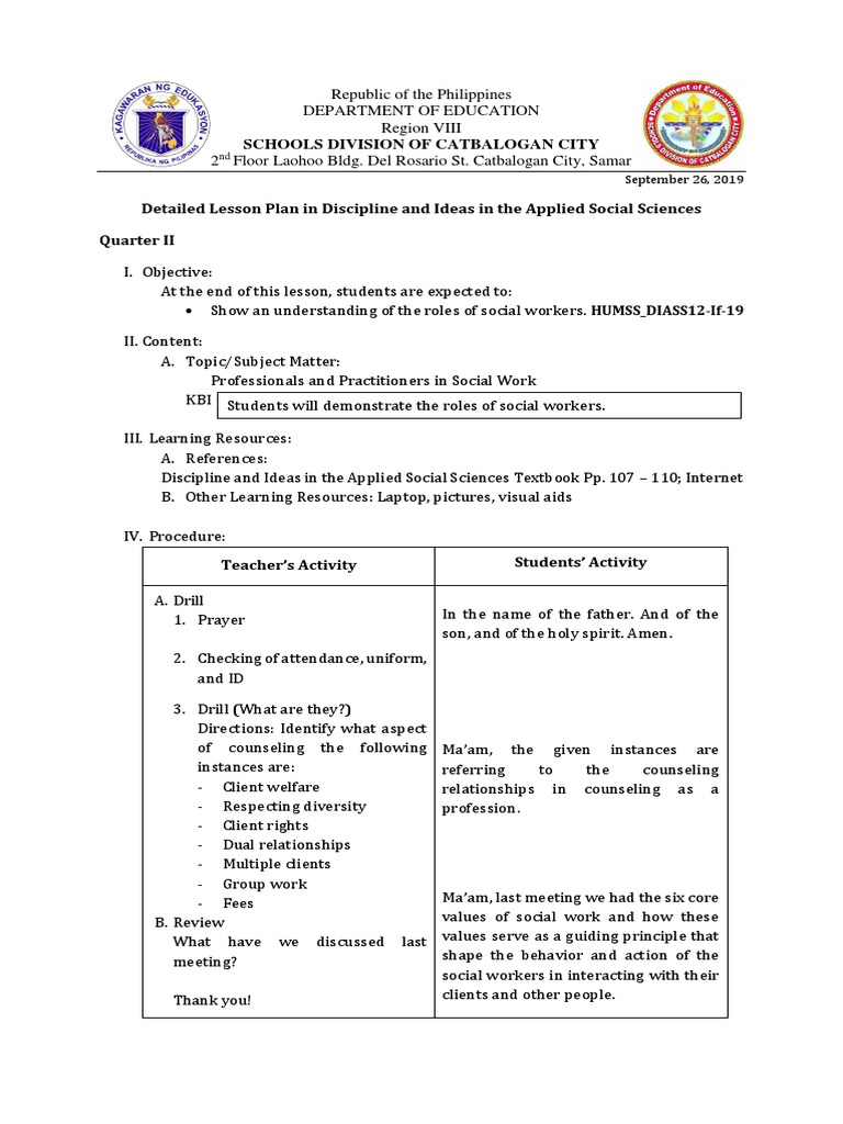 Social Work Lesson Plan for HUMSS Students | PDF | Social Work | Social ...
