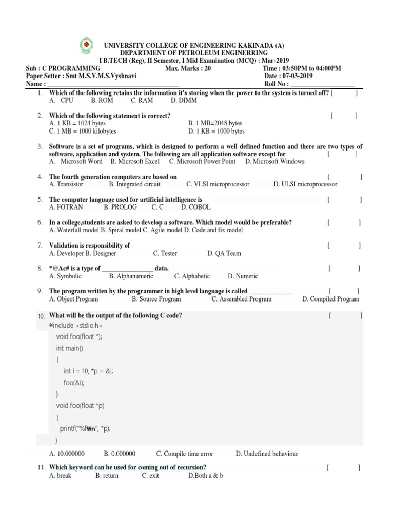 Pe C Programming 1st Mid Mcq Question Paper 07 03 2019 Pdf Control Flow Integer