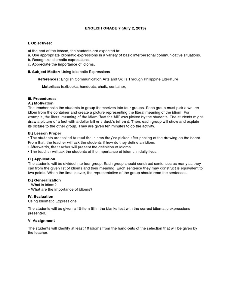 DLP Idioms Grade 7 | PDF
