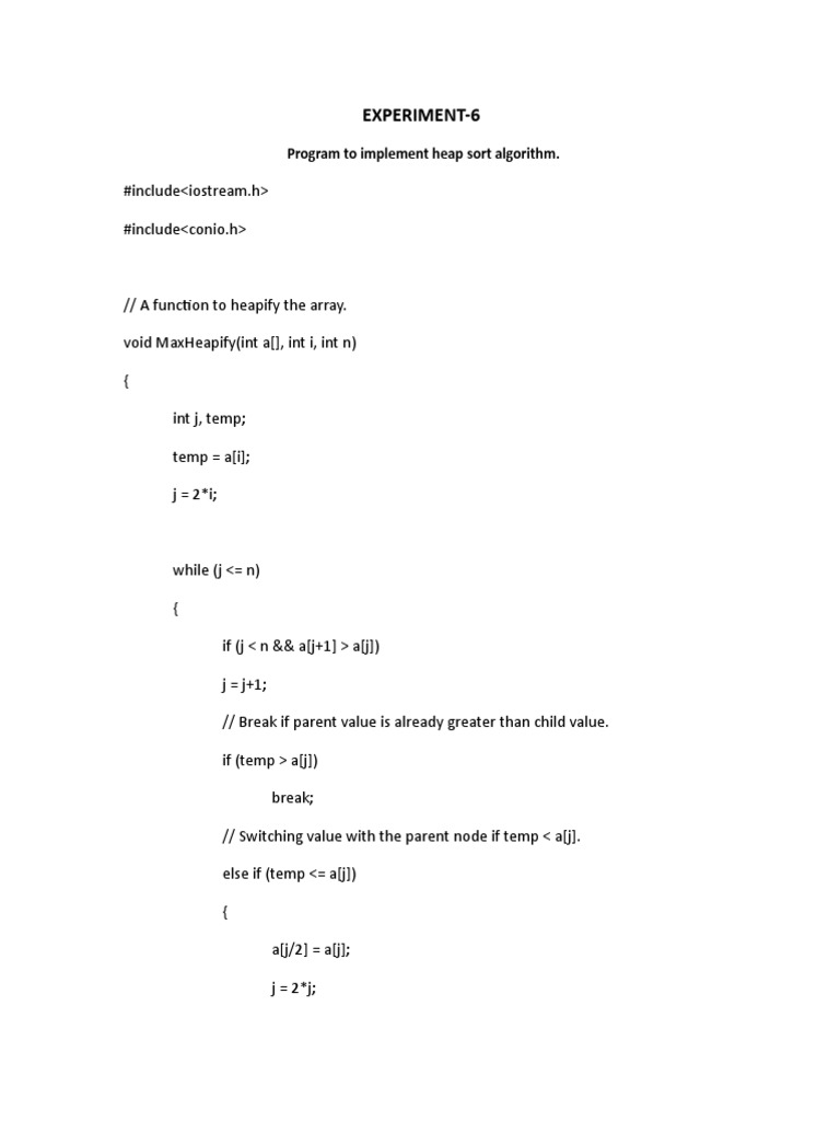 Experiment-6: Program To Implement Heap Sort Algorithm | PDF