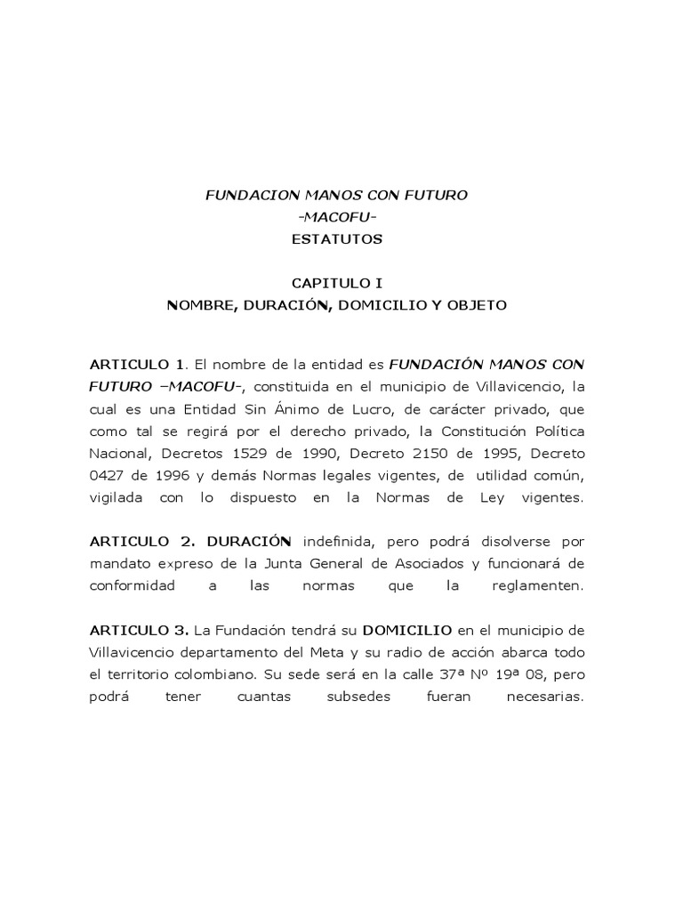 Minuta Estatutos Fundacion Manos Con Futuro Ok | PDF | Quórum | Presupuesto