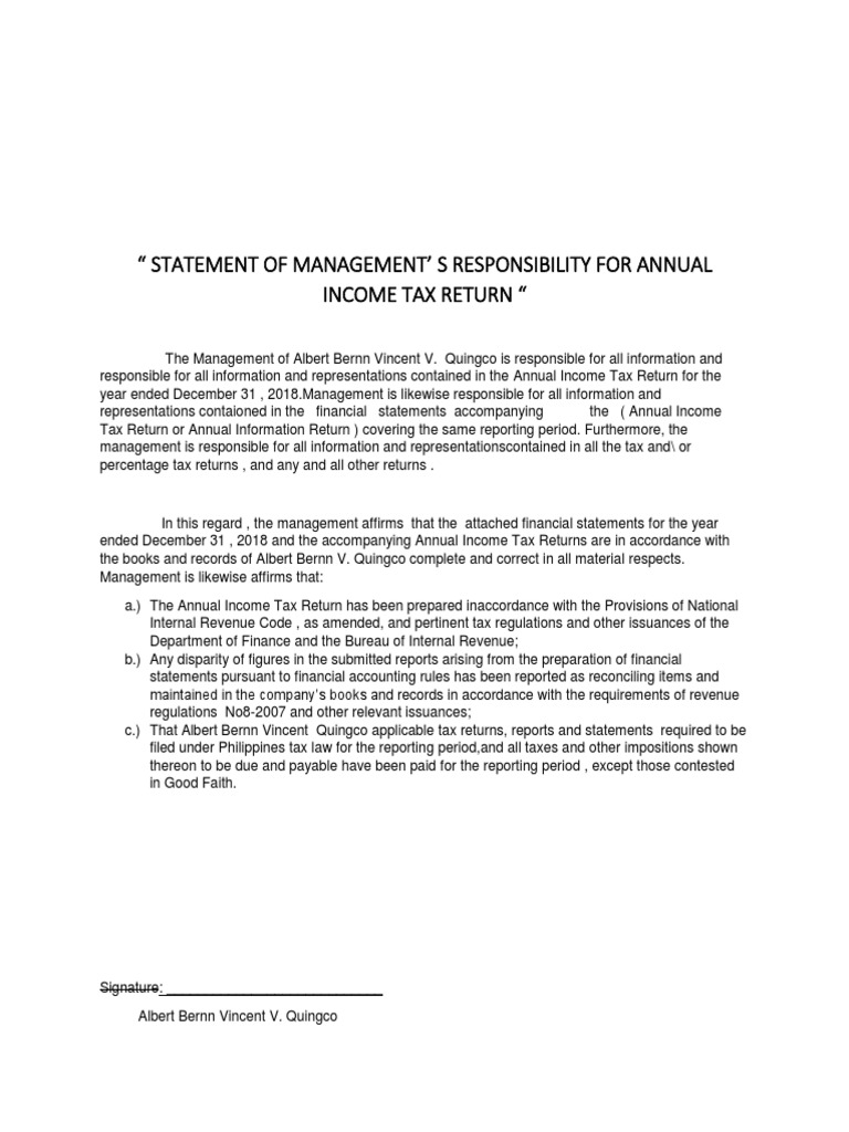 A Statement of Responsibility: Management Affirms the Accuracy and ...