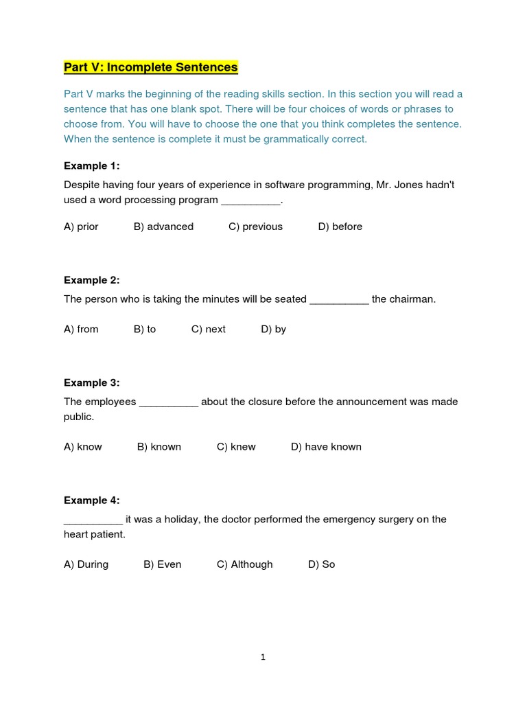Part V: Incomplete Sentences: Example 1 | PDF | Preposition And ...