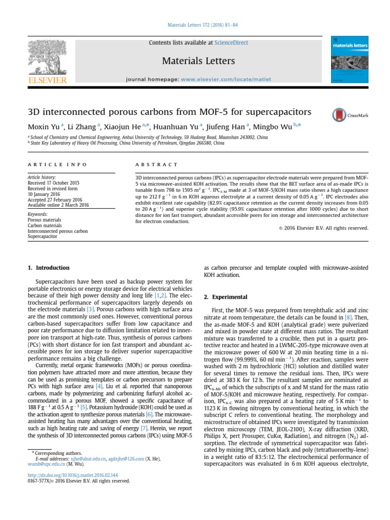 Materials Letters: Moxin Yu, Li Zhang, Xiaojun He, Huanhuan Yu, Jiufeng ...