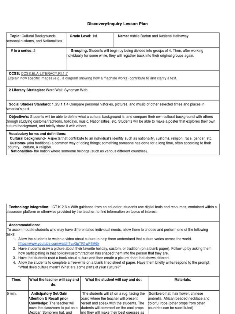 Inquiry Lesson Plan Social Studies Methods | PDF | Traditions | Teachers