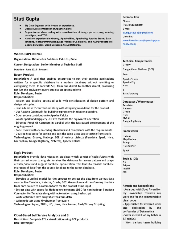 STUTI - GUPTA Hadoop Resume PDF | PDF | Apache Hadoop | Apache Spark