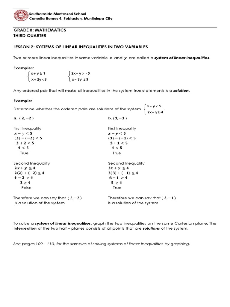 Grade 8: Mathematics Third Quarter Lesson 2: Systems of Linear ...