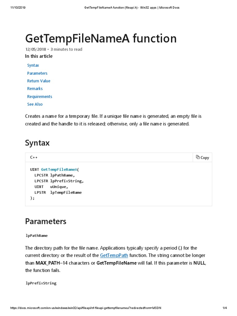 GetTempFileNameA Function | PDF | Filename | String (Computer Science)