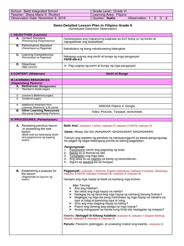 4th-DLP in Filipino 6 (SANHI at BUNGA) | PDF