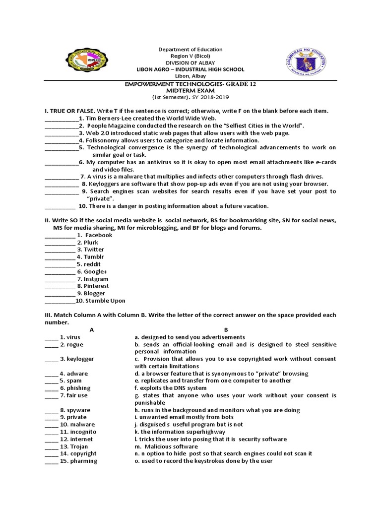 Department of Education Region V (Bicol) Division of Albay Libon, Albay Empowerment Technologies ...
