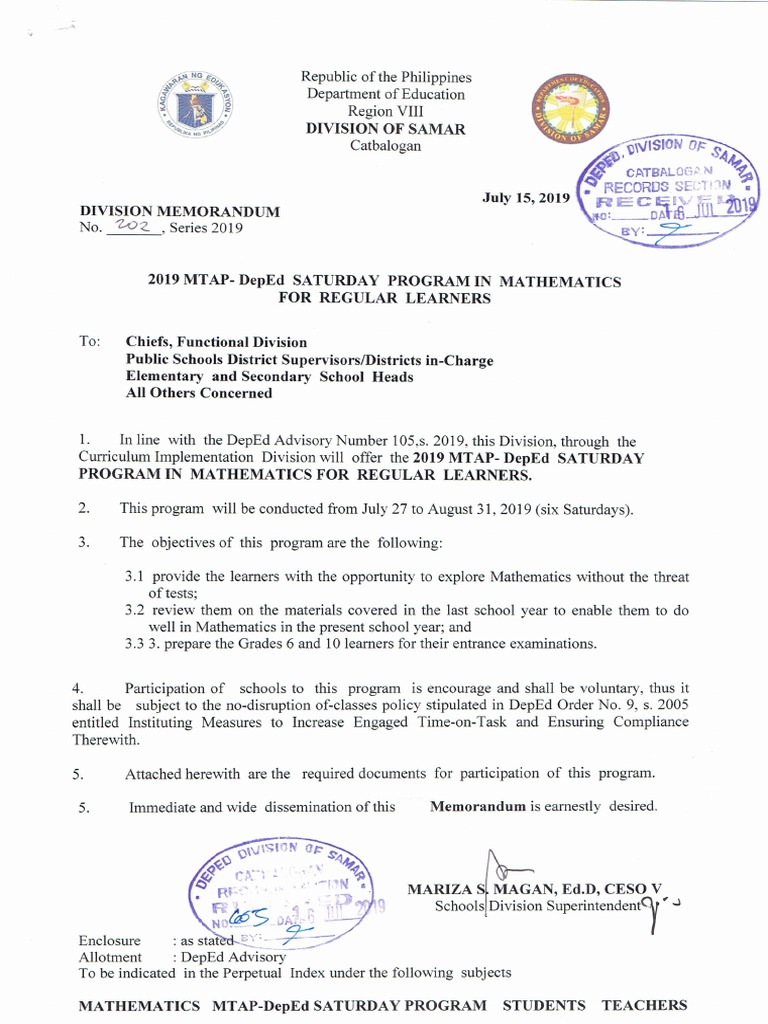 Division Memo No. 202, S.2019 - 2019 MTAP-DEPED SATURDAY PROGRAM IN ...