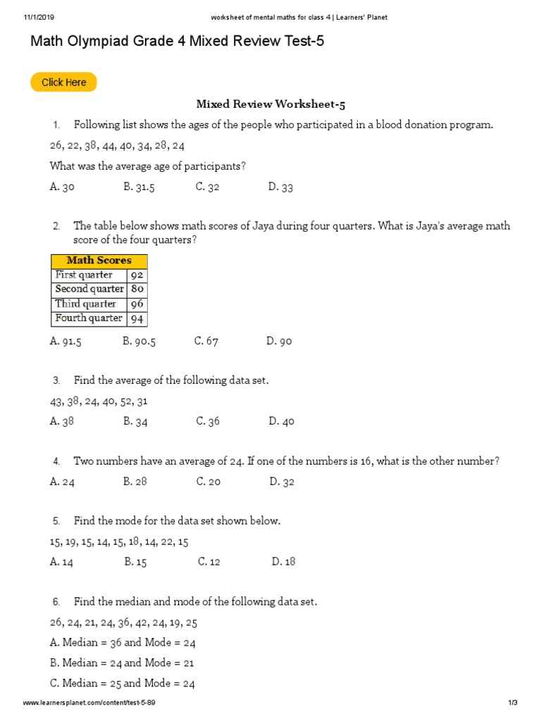 Math Olympiad Grade 4 Mixed Review Test-5 | PDF | Teaching Mathematics