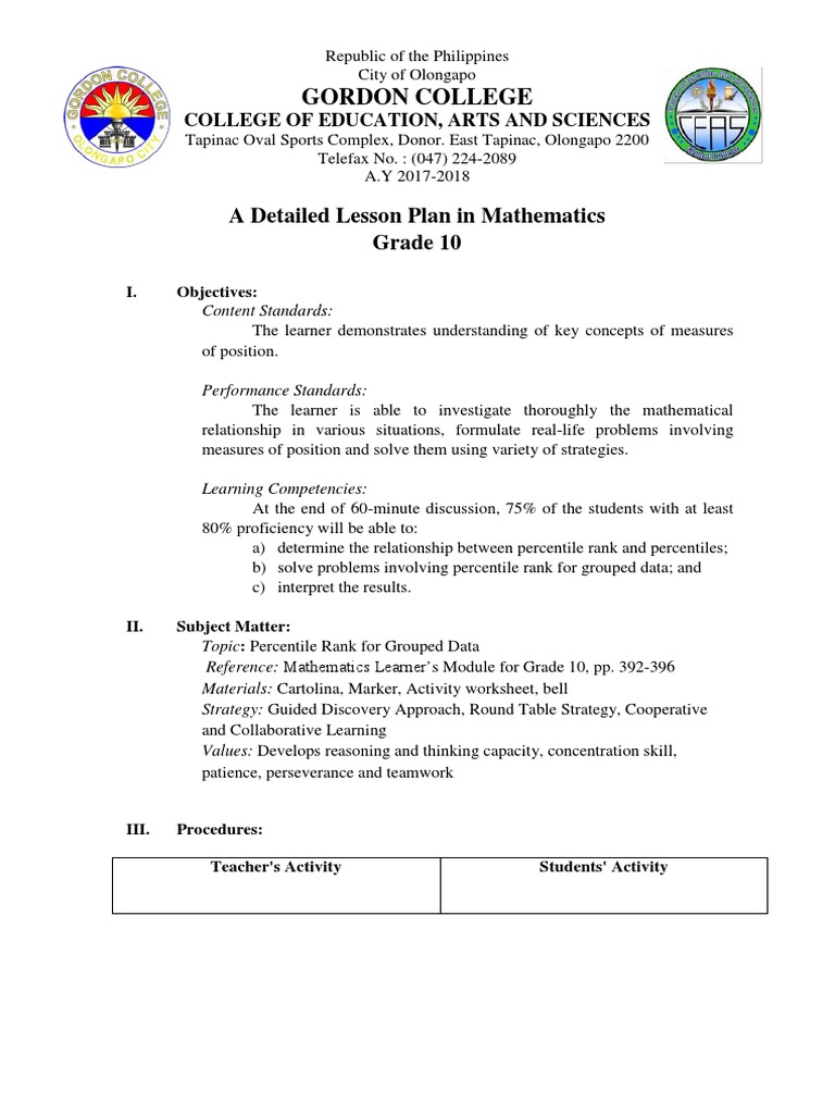 Grade 10 Math Lesson on Percentile Rank | PDF | Percentile | Lesson Plan