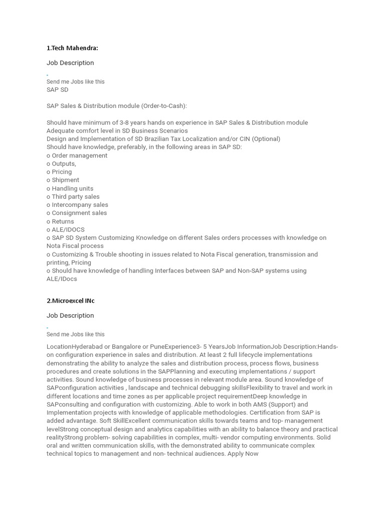 SAP SD Iob Profile | PDF | Sap Se | Business Process