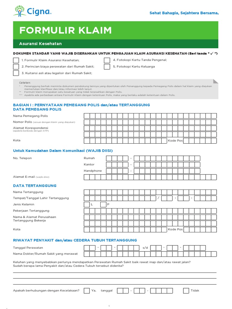 Formulir Asuransi Klaim Kesehatan - Asuransi Cigna PDF | PDF