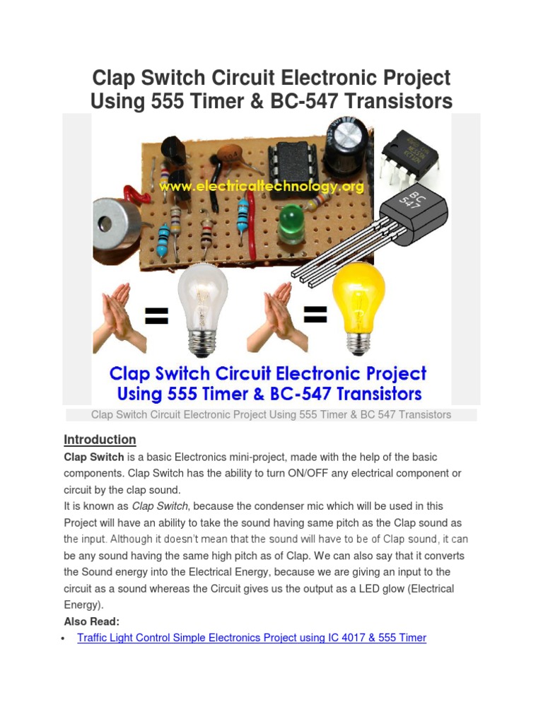 Clap Switch Circuit Electronic Project Using 555 Timer & BC-547 ...