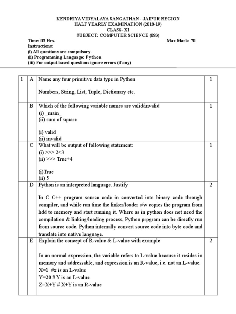 Class Xi (Computer Science) Half Yearly Ms Jaipur Region | PDF ... Class Xi (Computer Science) Half Yearly Ms Jaipur Region | PDF ...
