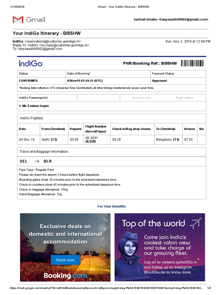 Your Indigo Itinerary - Bi55Hw | PDF | Aviation