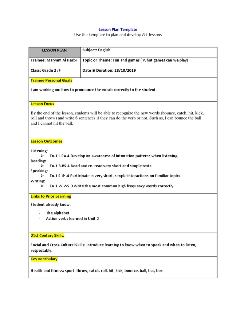 Ball Lesson Plan | PDF | English Language | Vocabulary
