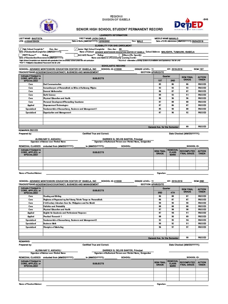 Senior High School Student Permanent Record: Region Ii Division of ...