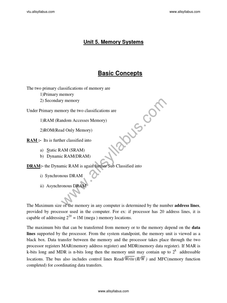 Basic Concepts: Unit 5. Memory Systems | PDF | Dynamic Random Access Memory | Random Access Memory