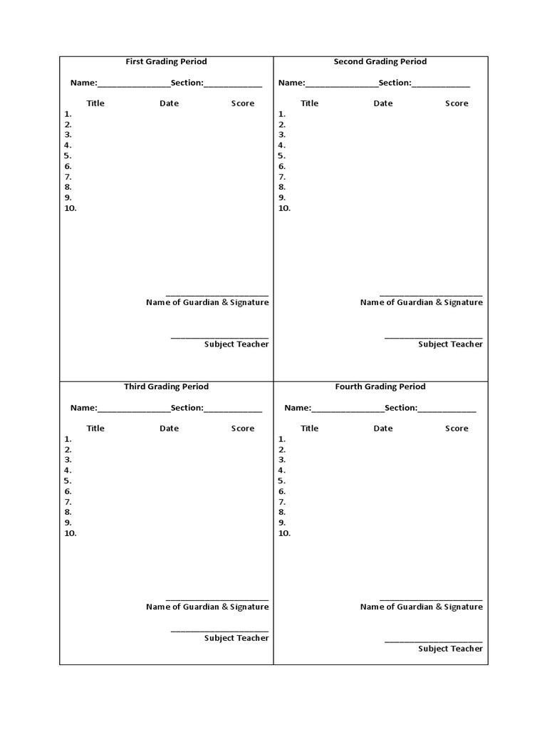 First Grading Period Name: - Section: - Second Grading Period Name ...