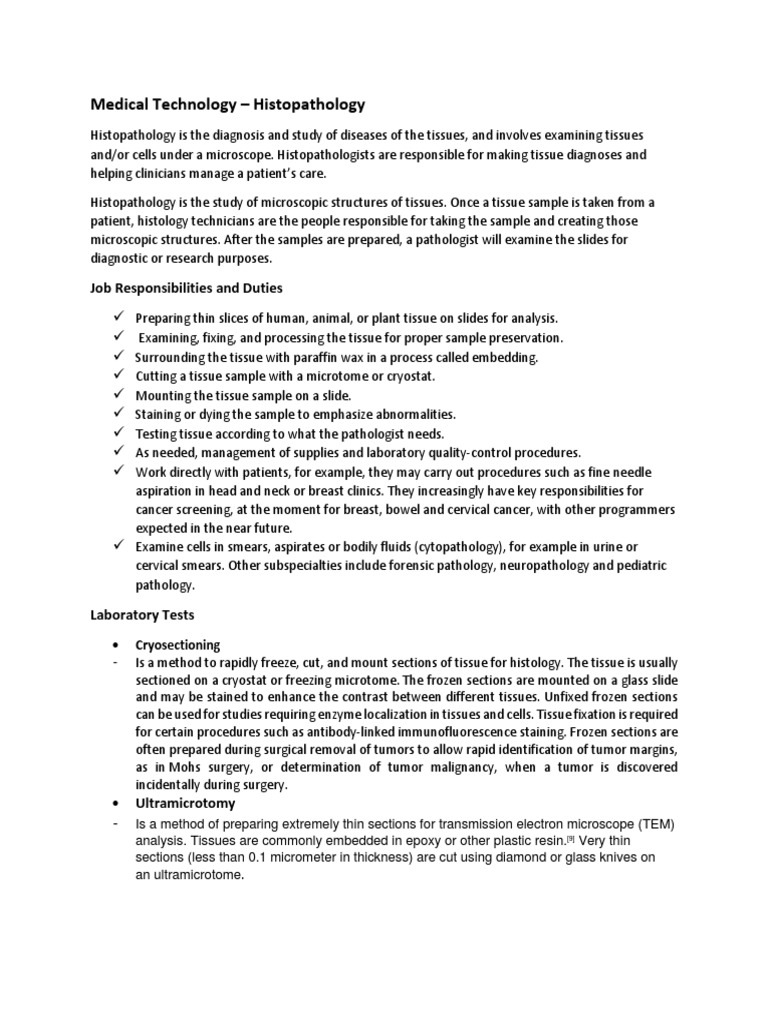 Medical Technology - Histopathology: Job Responsibilities and Duties ...