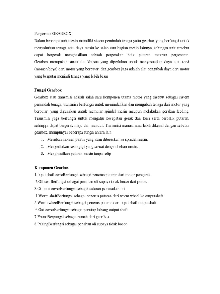 Jenis dan Komponen Gearbox Motor | PDF | Teknologi & Rekayasa