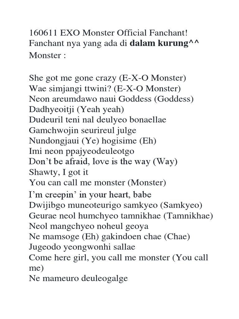 EXO Monster Official Fanchant Lyrics | PDF