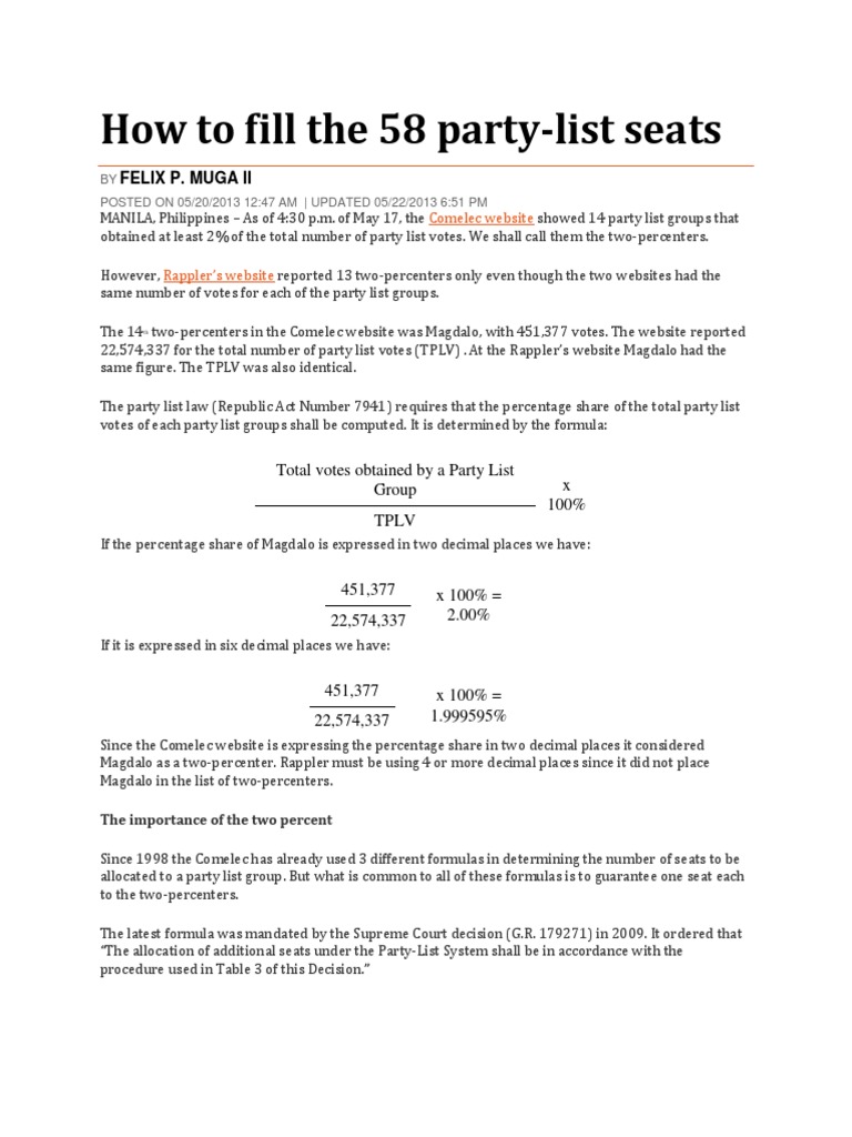 How To Fill The 58 Party-List Seats: Felix P. Muga Ii | PDF ...