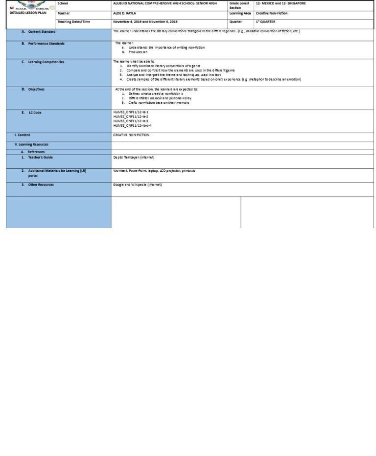 My Lesson Plan - Creative Non Fiction | PDF | Creative Nonfiction | Non ...